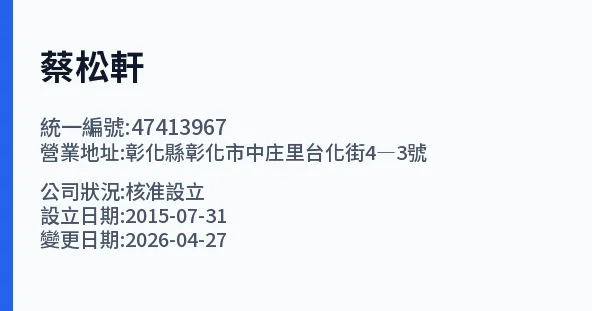 蔡松軒的照片-統編 47413967(彰化縣) 公司登記資料與營業項目詳細圖表