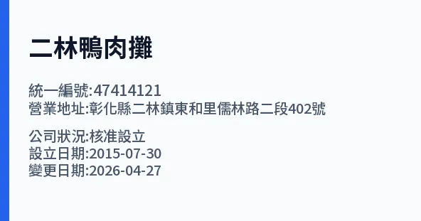 二林鴨肉攤的照片-統編 47414121(彰化縣) 公司登記資料與營業項目詳細圖表