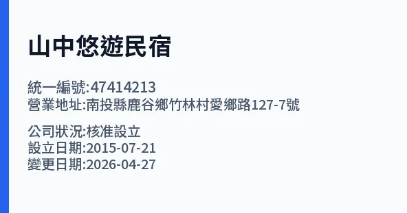 山中悠遊民宿的照片-統編 47414213(南投縣) 公司登記資料與營業項目詳細圖表