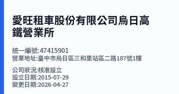 愛旺租車股份有限公司烏日高鐵營業所的照片-統編 47415901(臺中市) 公司登記資料與營業項目詳細圖表