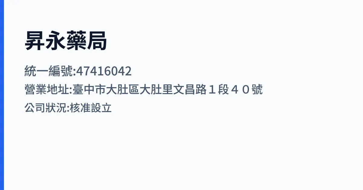 昇永藥局 - 統編 47416042(臺中市) 公司登記資料與營業項目詳細圖表