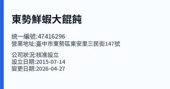 東勢鮮蝦大餛飩的照片-統編 47416296(臺中市) 公司登記資料與營業項目詳細圖表