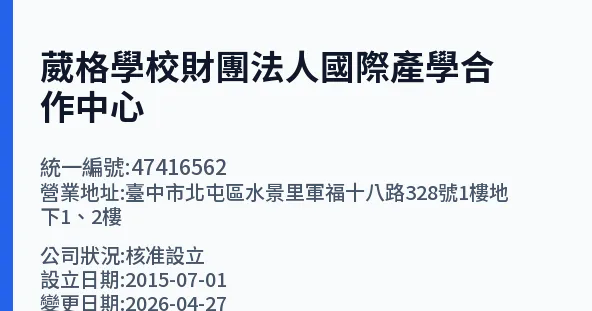 葳格學校財團法人國際產學合作中心的照片-統編 47416562(臺中市) 公司登記資料與營業項目詳細圖表
