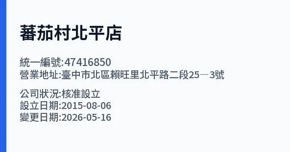 蕃茄村北平店的照片-統編 47416850(臺中市) 公司登記資料與營業項目詳細圖表