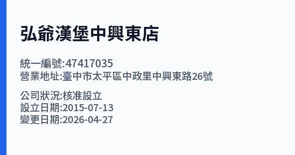 弘爺漢堡中興東店的照片-統編 47417035(臺中市) 公司登記資料與營業項目詳細圖表