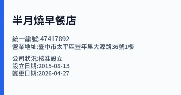 半月燒早餐店的照片-統編 47417892(臺中市) 公司登記資料與營業項目詳細圖表