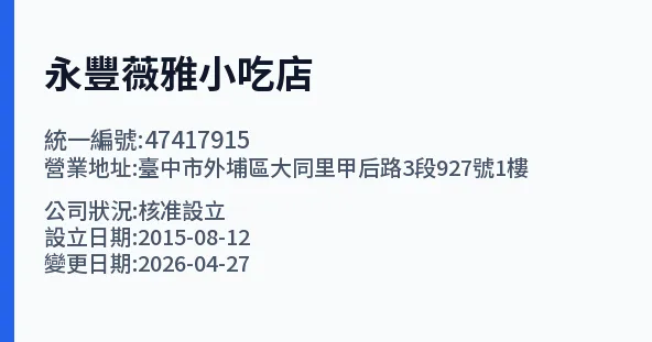 永豐薇雅小吃店的照片-統編 47417915(臺中市) 公司登記資料與營業項目詳細圖表