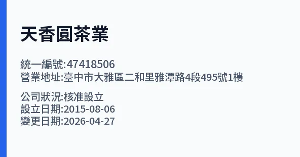 天香圓茶業的照片-統編 47418506(臺中市) 公司登記資料與營業項目詳細圖表