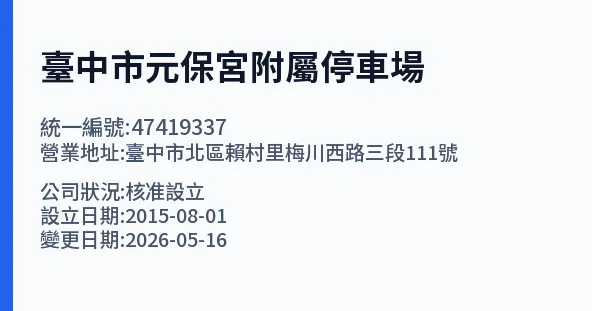 臺中市元保宮附屬停車場的照片-統編 47419337(臺中市) 公司登記資料與營業項目詳細圖表