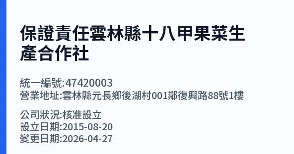 保證責任雲林縣十八甲果菜生產合作社的照片-統編 47420003(雲林縣) 公司登記資料與營業項目詳細圖表