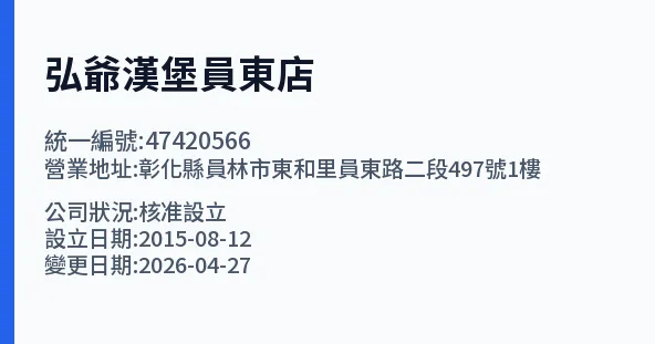 弘爺漢堡員東店的照片-統編 47420566(彰化縣) 公司登記資料與營業項目詳細圖表