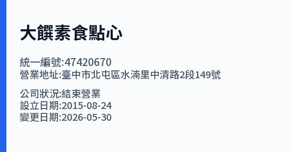 大饌素食點心的照片-統編 47420670(臺中市) 公司登記資料與營業項目詳細圖表