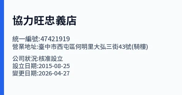 協力旺忠義店的照片-統編 47421919(臺中市) 公司登記資料與營業項目詳細圖表