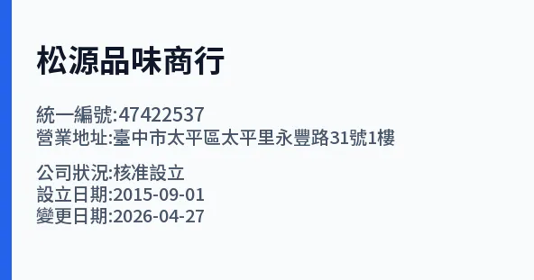 松源品味商行的照片-統編 47422537(臺中市) 公司登記資料與營業項目詳細圖表