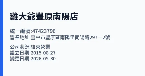 雞大爺豐原南陽店的照片-統編 47423796(臺中市) 公司登記資料與營業項目詳細圖表