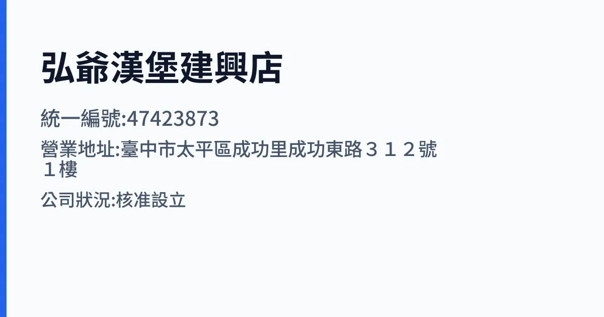 弘爺漢堡建興店 - 統編 47423873(臺中市) 公司登記資料與營業項目詳細圖表