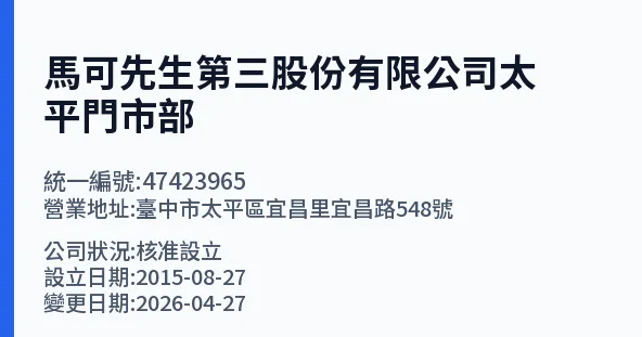 馬可先生第三股份有限公司太平門市部的照片-統編 47423965(臺中市) 公司登記資料與營業項目詳細圖表