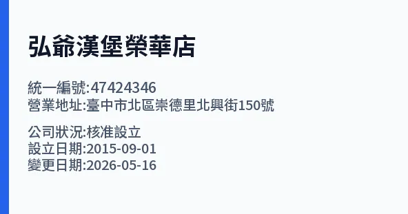 弘爺漢堡榮華店的照片-統編 47424346(臺中市) 公司登記資料與營業項目詳細圖表