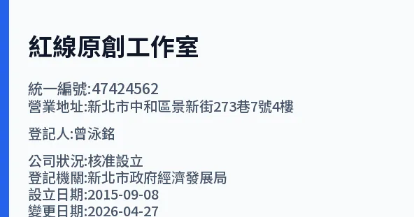 紅線原創工作室的照片-統編 47424562(新北市) 公司登記資料與營業項目詳細圖表