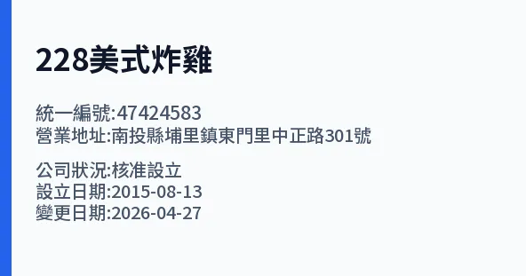 228美式炸雞的照片-統編 47424583(南投縣) 公司登記資料與營業項目詳細圖表