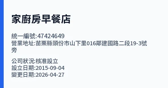 家廚房早餐店的照片-統編 47424649(苗栗縣) 公司登記資料與營業項目詳細圖表