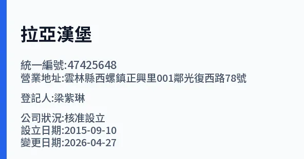 拉亞漢堡的照片-統編 47425648(雲林縣) 公司登記資料與營業項目詳細圖表