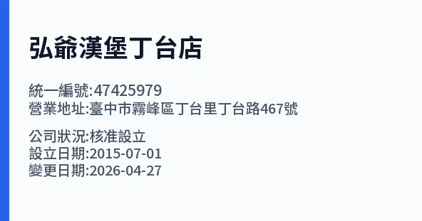 弘爺漢堡丁台店的照片-統編 47425979(臺中市) 公司登記資料與營業項目詳細圖表