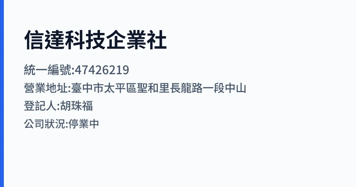 信達科技企業社 - 統編 47426219(臺中市) 公司登記資料與營業項目詳細圖表