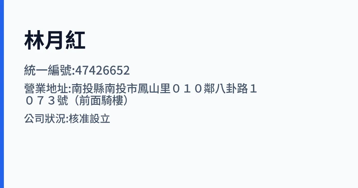 林月紅 - 統編 47426652(南投縣) 公司登記資料與營業項目詳細圖表