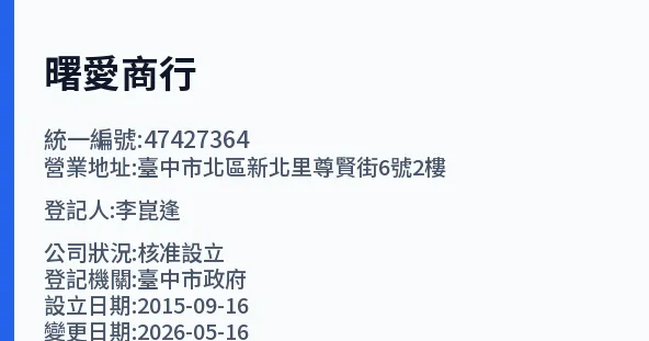 曙愛商行的照片-統編 47427364(臺中市) 公司登記資料與營業項目詳細圖表