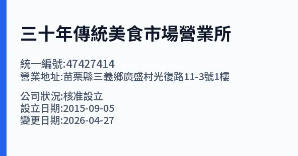 三十年傳統美食市場營業所的照片-統編 47427414(苗栗縣) 公司登記資料與營業項目詳細圖表