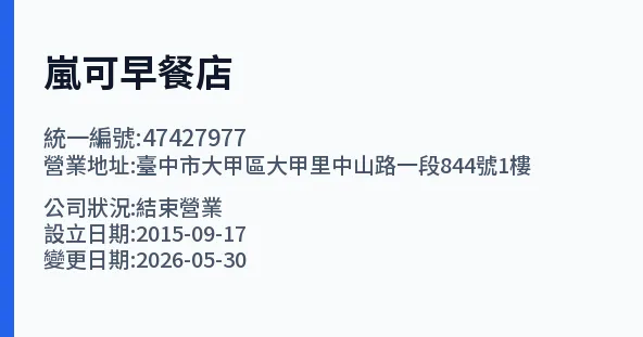 嵐可早餐店的照片-統編 47427977(臺中市) 公司登記資料與營業項目詳細圖表