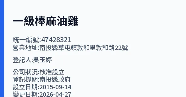 一級棒麻油雞的照片-統編 47428321(南投縣) 公司登記資料與營業項目詳細圖表