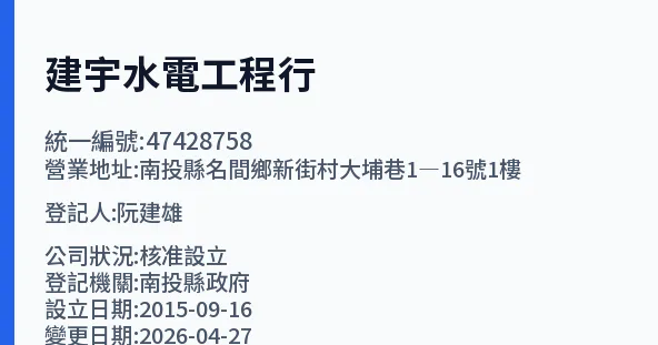 建宇水電工程行的照片-統編 47428758(南投縣) 公司登記資料與營業項目詳細圖表