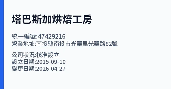 塔巴斯加烘焙工房的照片-統編 47429216(南投縣) 公司登記資料與營業項目詳細圖表
