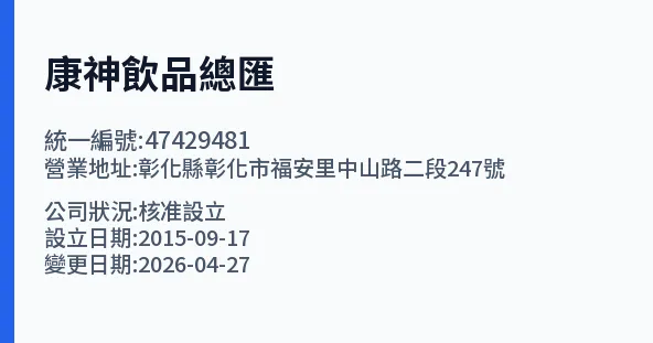 康神飲品總匯的照片-統編 47429481(彰化縣) 公司登記資料與營業項目詳細圖表
