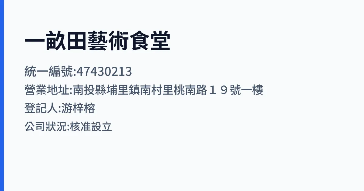一畝田藝術食堂 - 統編 47430213 (南投縣) 公司登記資料與營業項目詳細圖表
