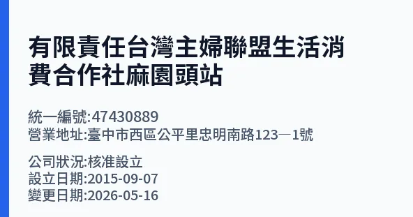 有限責任台灣主婦聯盟生活消費合作社麻園頭站的照片-統編 47430889(臺中市) 公司登記資料與營業項目詳細圖表