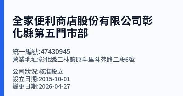 全家便利商店股份有限公司彰化縣第五門市部的照片-統編 47430945(彰化縣) 公司登記資料與營業項目詳細圖表