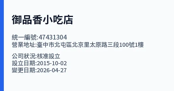 御品香小吃店的照片-統編 47431304(臺中市) 公司登記資料與營業項目詳細圖表