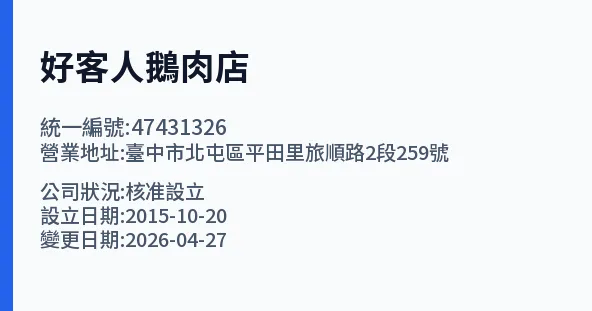 好客人鵝肉店的照片-統編 47431326(臺中市) 公司登記資料與營業項目詳細圖表
