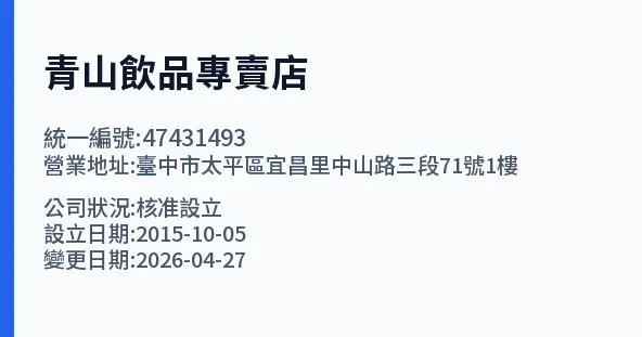 青山飲品專賣店的照片-統編 47431493(臺中市) 公司登記資料與營業項目詳細圖表