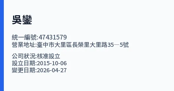 吳鑾的照片-統編 47431579(臺中市) 公司登記資料與營業項目詳細圖表