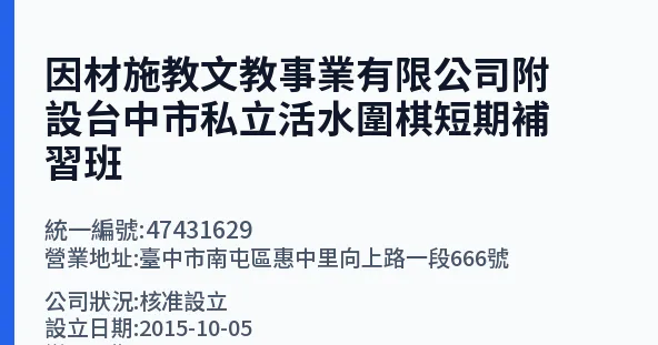 因材施教文教事業有限公司附設台中市私立活水圍棋短期補習班的照片-統編 47431629(臺中市) 公司登記資料與營業項目詳細圖表