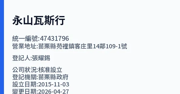 永山瓦斯行的照片-統編 47431796(苗栗縣) 公司登記資料與營業項目詳細圖表