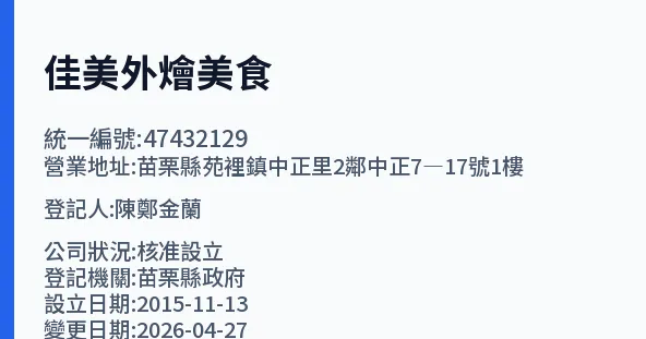 佳美外燴美食的照片-統編 47432129(苗栗縣) 公司登記資料與營業項目詳細圖表