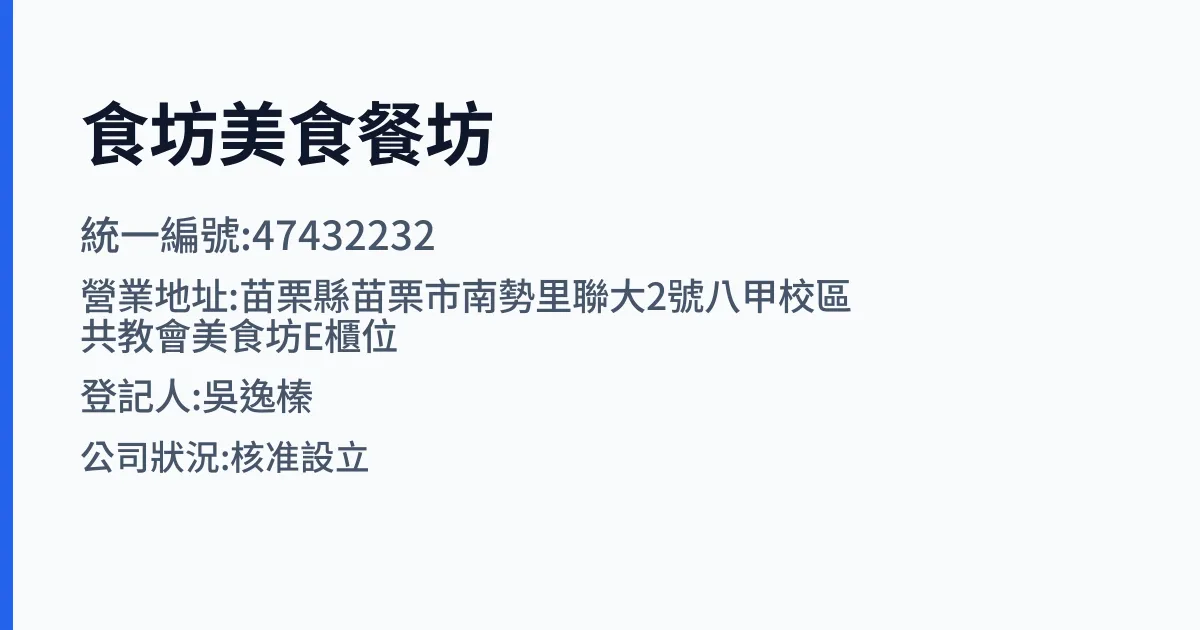 食坊美食餐坊 - 統編 47432232(苗栗縣) 公司登記資料與營業項目詳細圖表