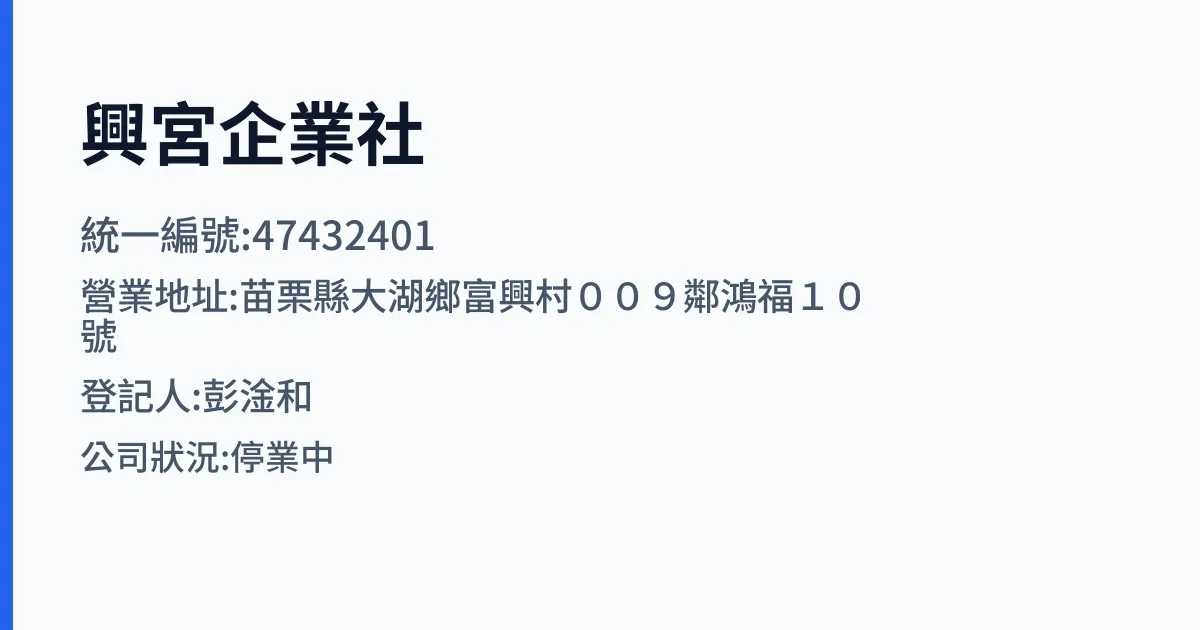 興宮企業社 - 統編 47432401(苗栗縣) 公司登記資料與營業項目詳細圖表