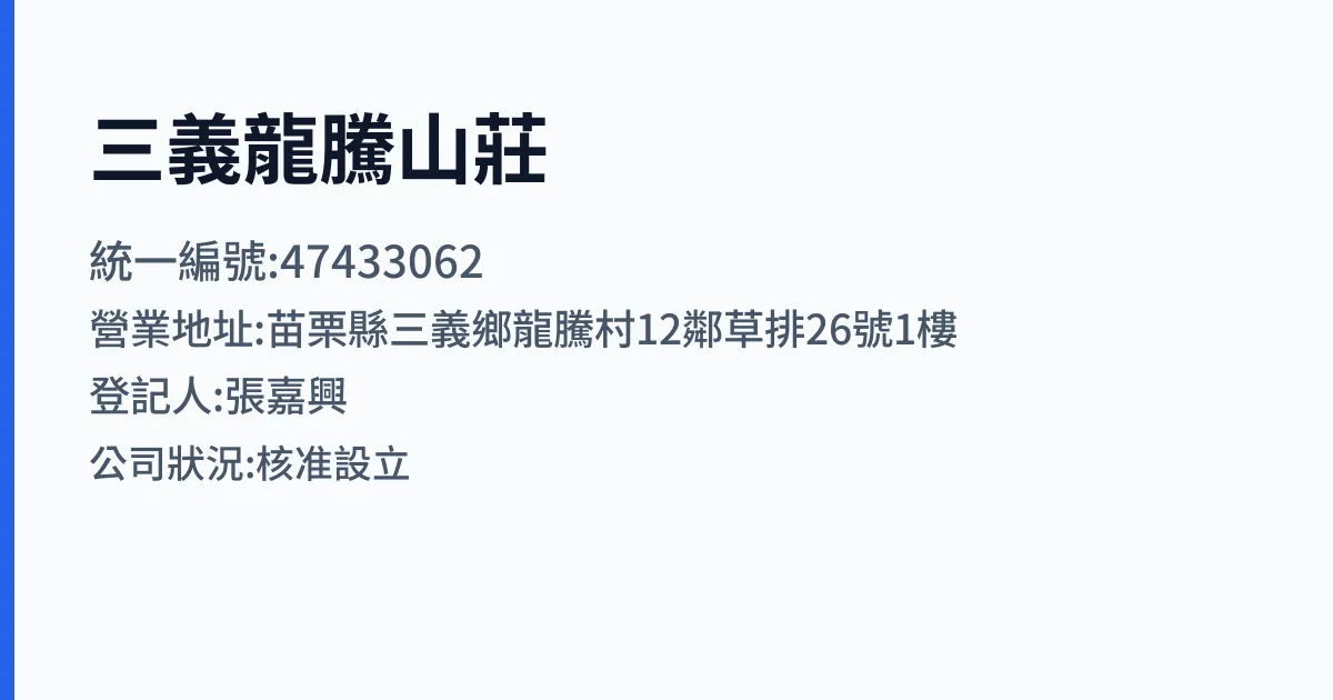 三義龍騰山莊 - 統編 47433062(苗栗縣) 公司登記資料與營業項目詳細圖表