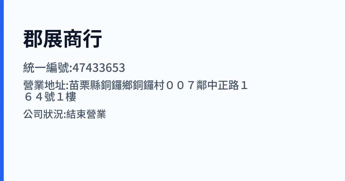 郡展商行 - 統編 47433653(苗栗縣) 公司登記資料與營業項目詳細圖表
